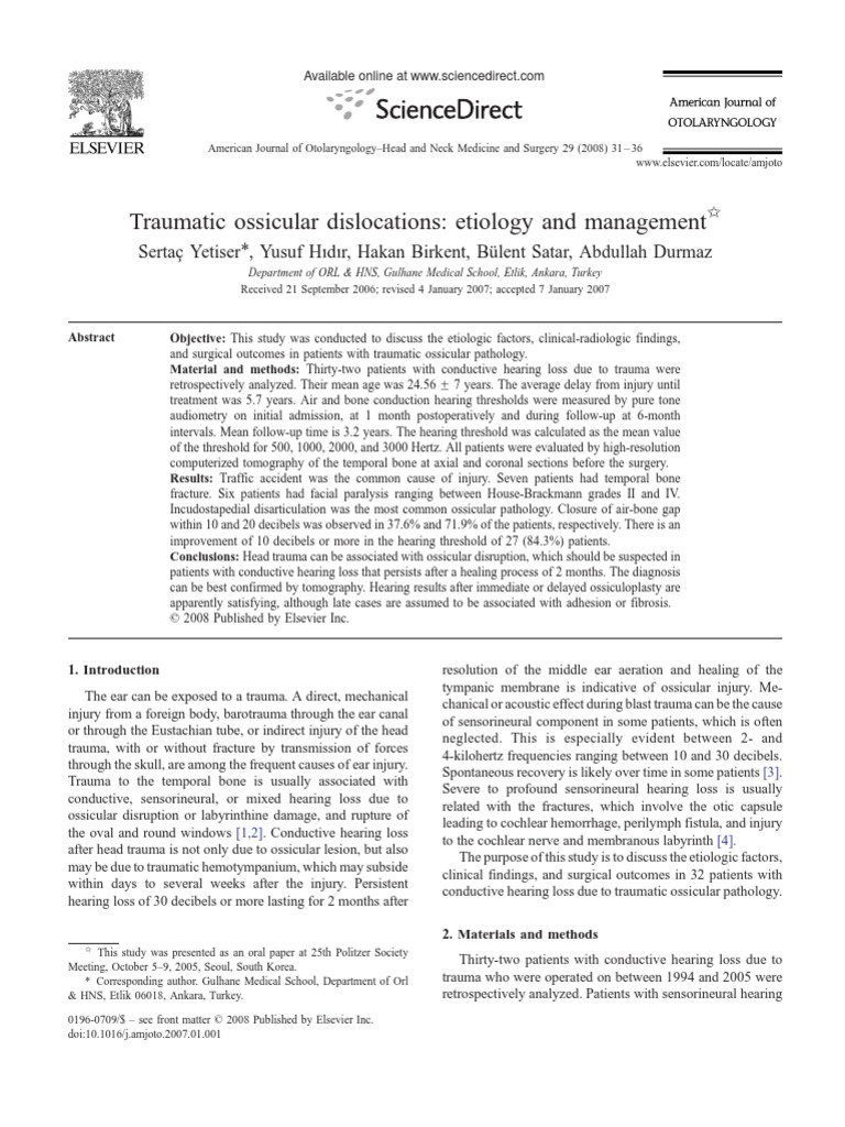 Traumatic Ossicular Dislocations: Etiology and Management | PDF | Ear ...