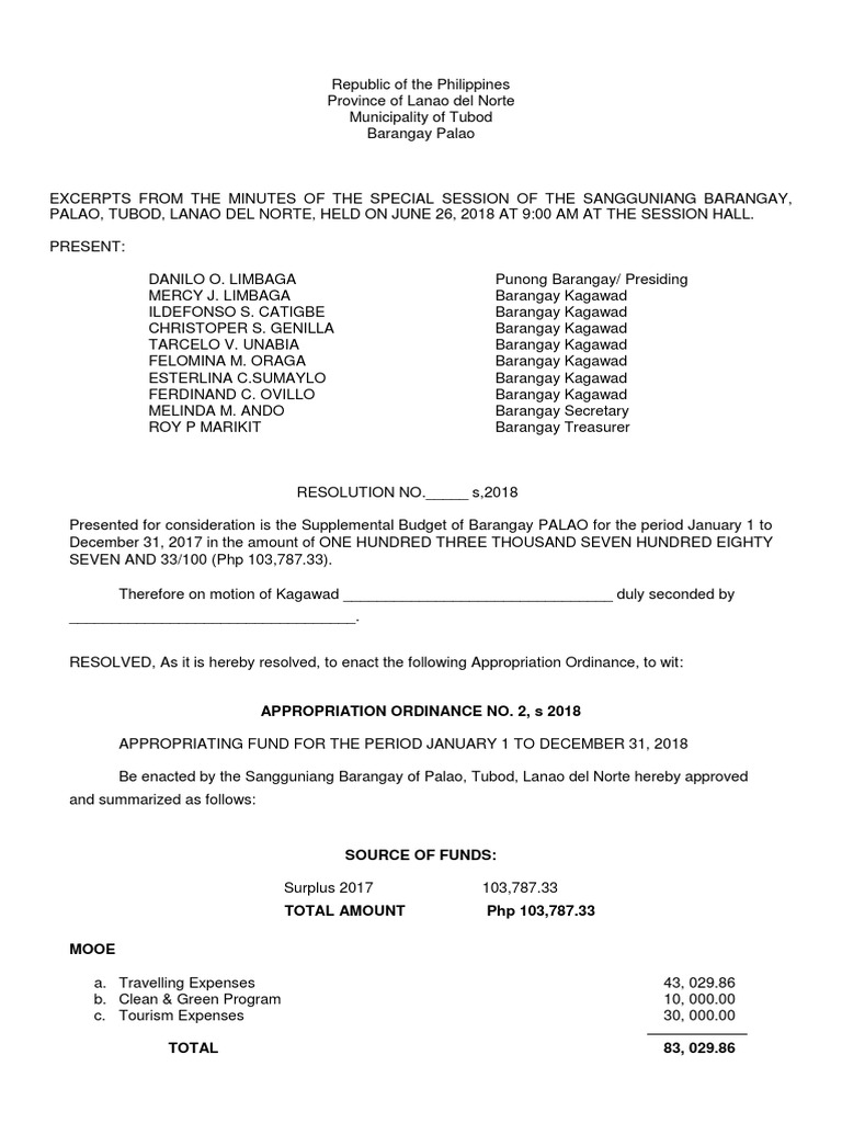 Resolution Approving the Supplemental Budget of Barangay Palao for ...