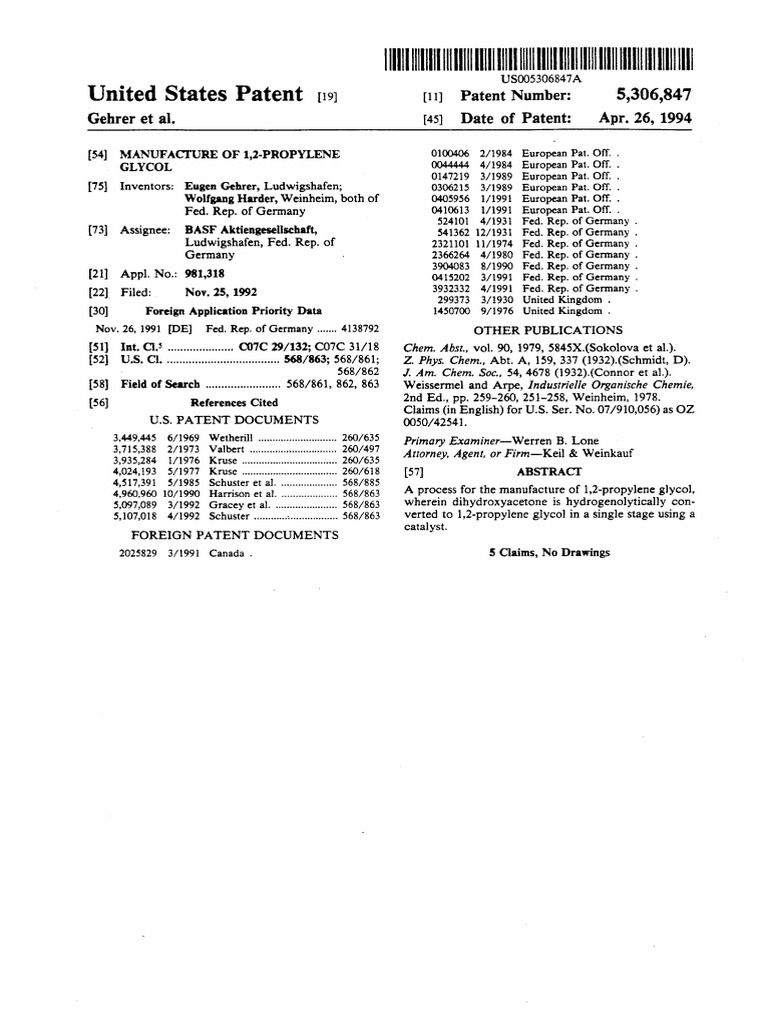 US Patent Manufacturing of Propylene Glycol | PDF | Catalysis | Oxide