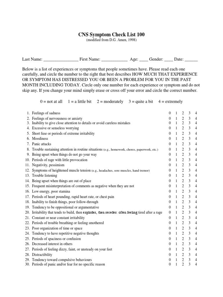 CNS Symptom Check List 100: (E.g., Homework, Chores, Paperwork, Etc ...