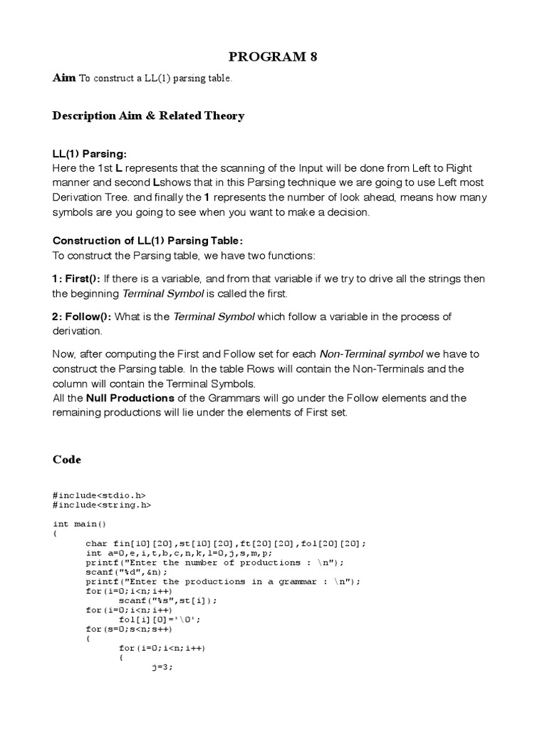 Program 8: Aim Description Aim & Related Theory | PDF | Parsing | Computer Programming