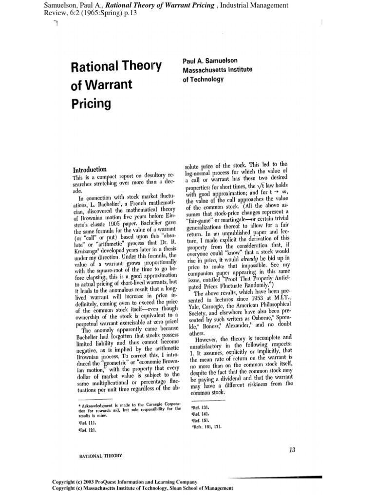 Samuelson Rational Theory of Warrant Pricing | PDF