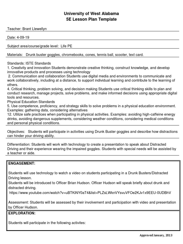 University of West Alabama 5E Lesson Plan Template: Engagement ...