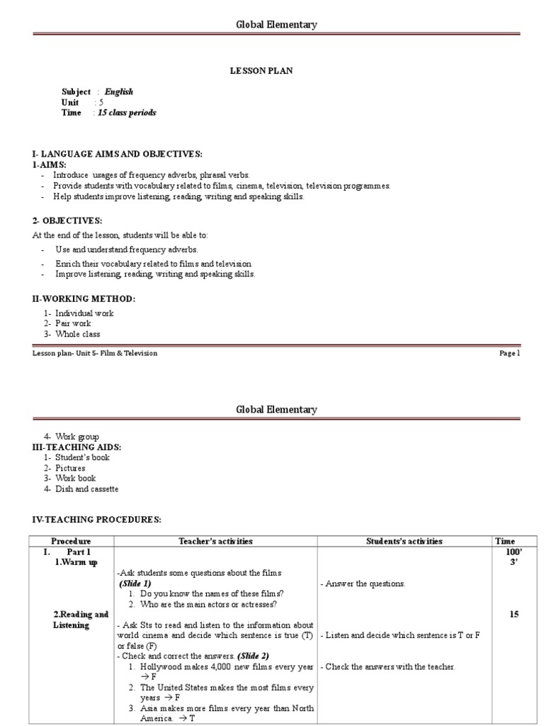 Global Elementary: Lesson Plan Subject: English Unit: 5 Time: 15 Class ...