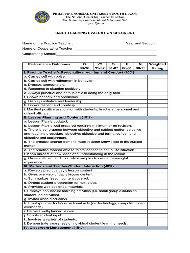 Daily Teaching Evaluation Checklist | PDF | Lesson Plan | Teachers