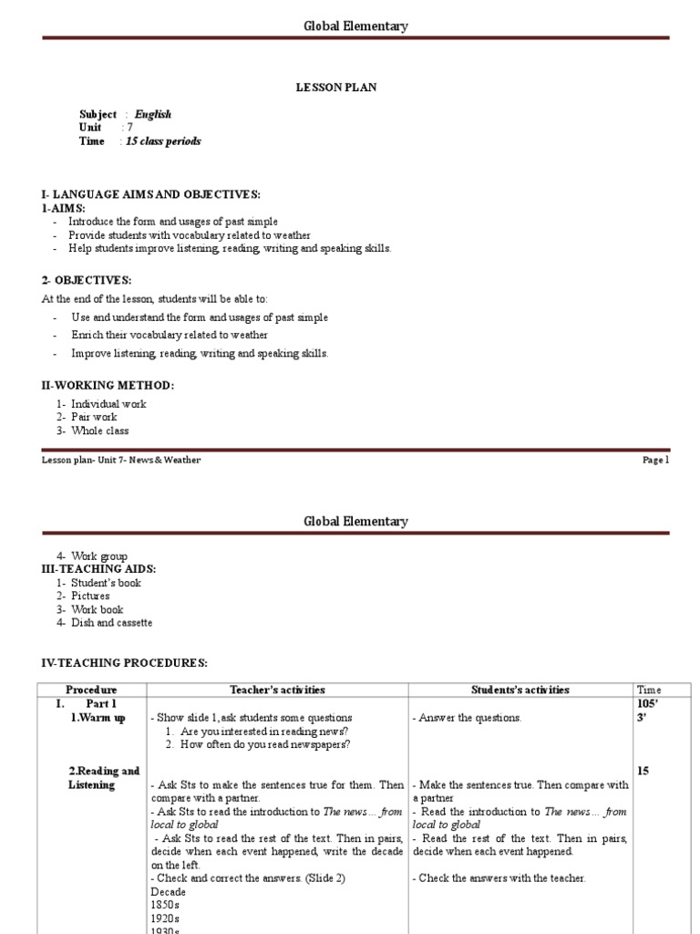 Global Elementary: Lesson Plan Subject: English Unit: 7 Time: 15 Class ...