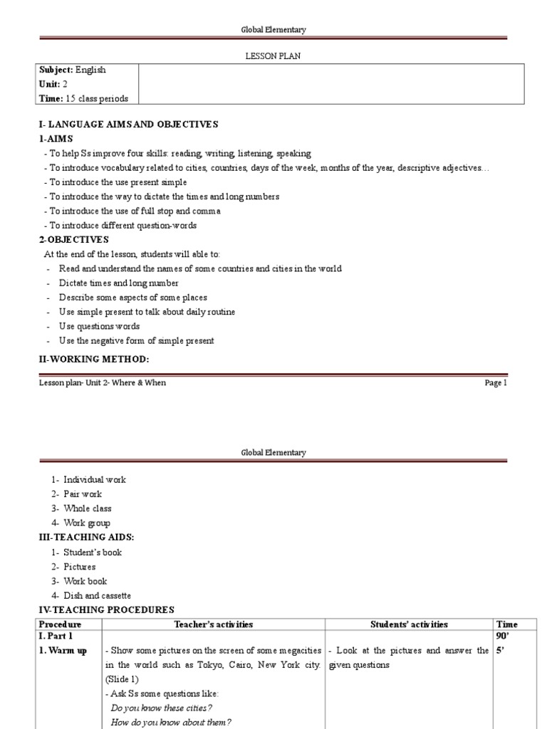 Subject: English Unit: 2 Time: 15 Class Periods I-Language Aims and ...