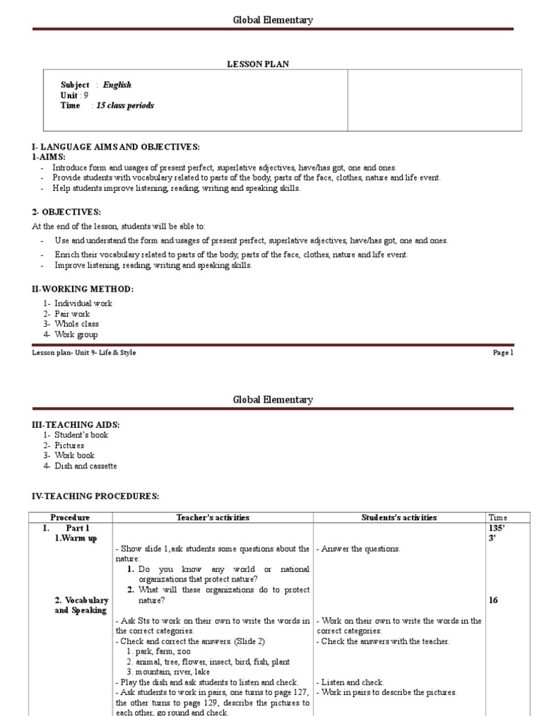 Global Elementary: Lesson Plan Subject: English Unit: 9 Time: 15 Class ...