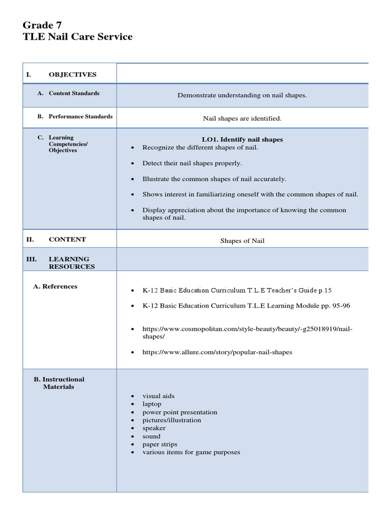 Grade 7 TLE Nail Care Service: I. Objectives | PDF | Nail (Anatomy ...