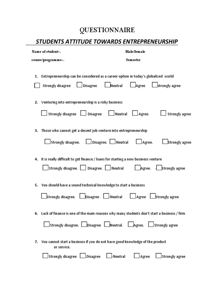 Questionnaire of Students Attitude Towards Entepreneurship | PDF ...
