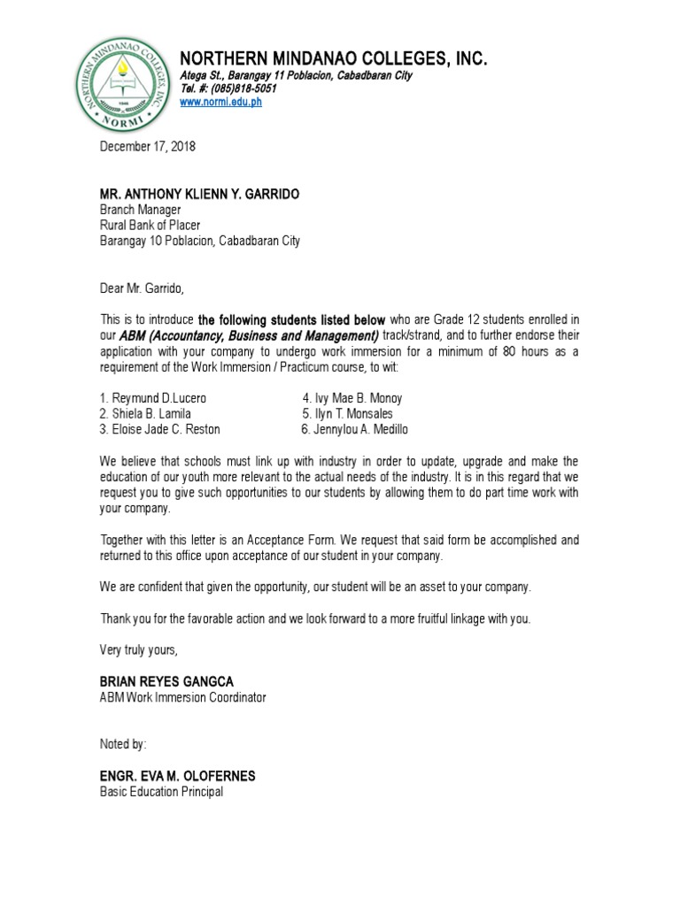 Work Immersion Endorsement Letter | PDF