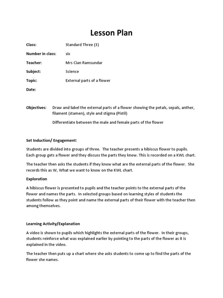 Lesson Plan Science Parts of A Flower | PDF | Flowers | Teachers