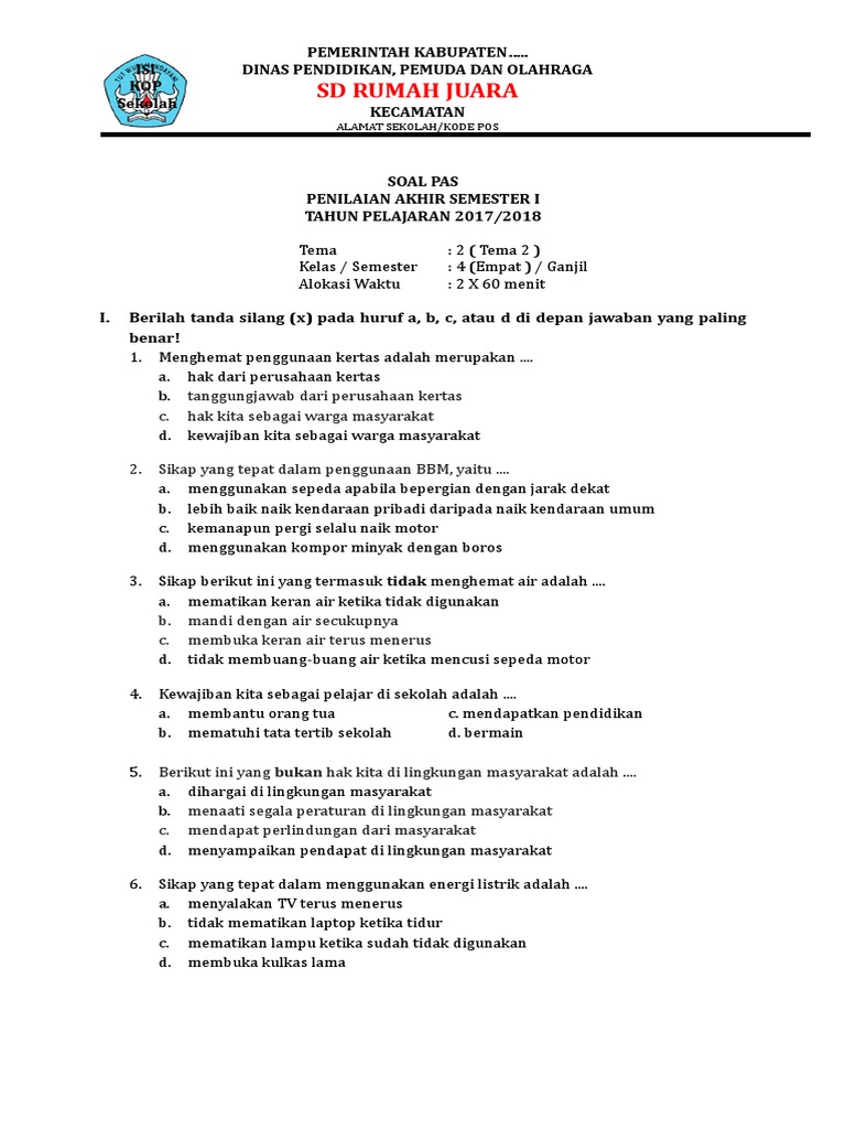 Contoh Soal Pas Kelas 1 | PDF