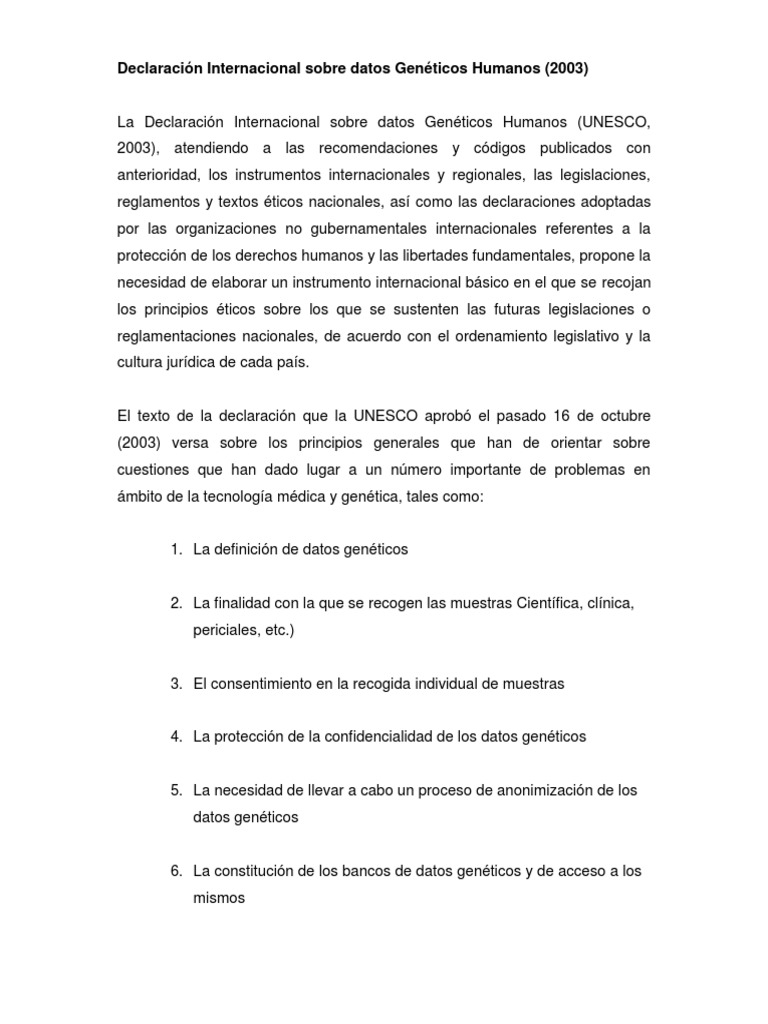 Declaracion Internacional Sobre Datos Geneticos Humanos | PDF ...