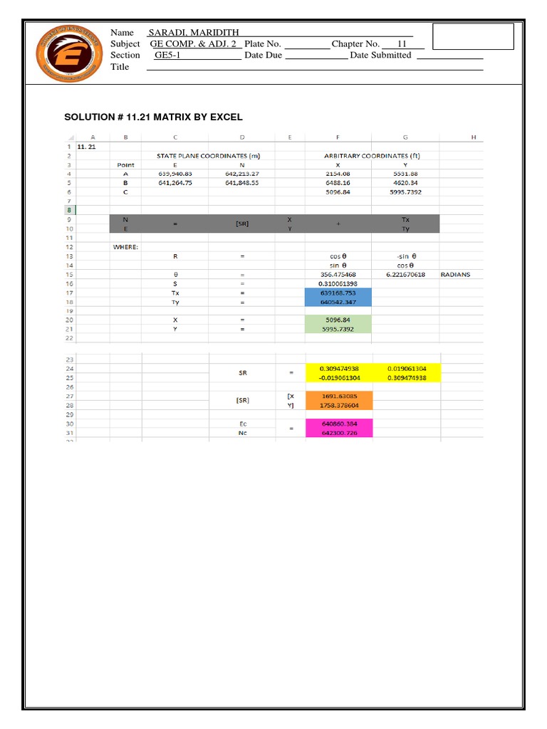 Solution # 11.21 Matrix by Excel | PDF