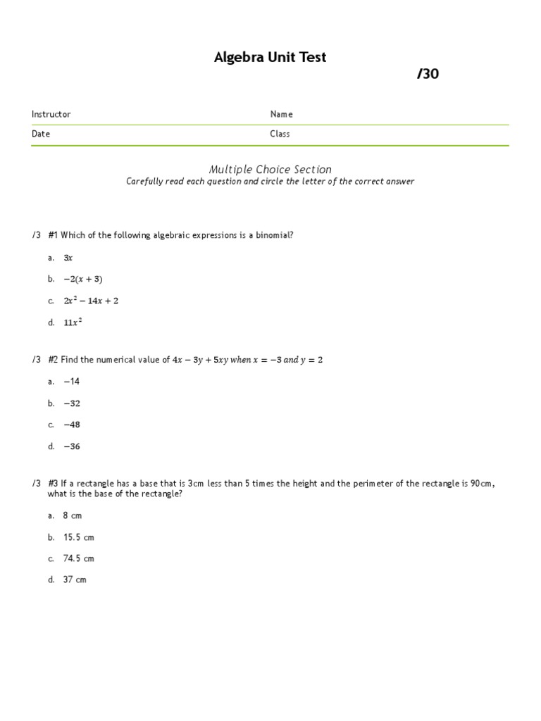 Algebra Unit Test /30: Multiple Choice Section | PDF