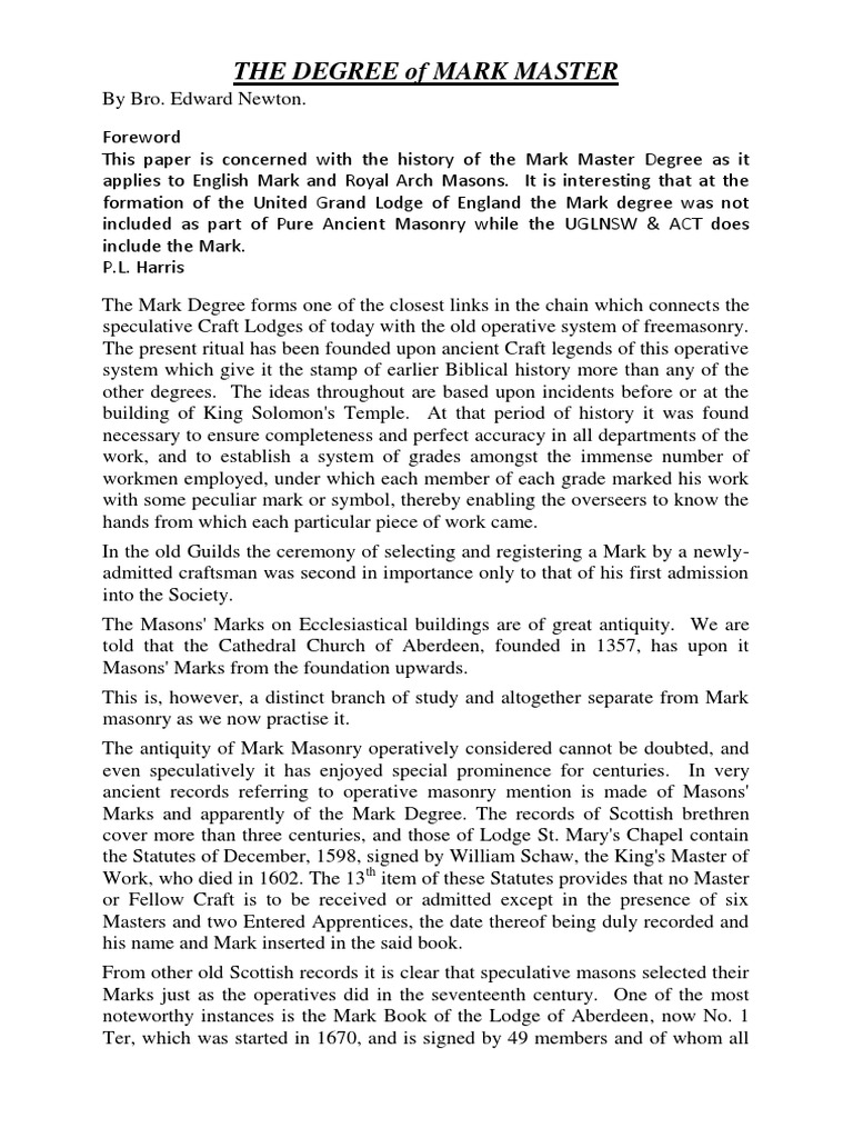 History of the Mark Master Degree | PDF | Freemasonry | Masonic Lodge
