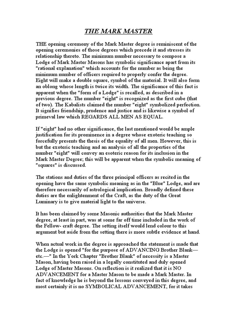 The Mark Master | PDF | Freemasonry | Masonic Lodge