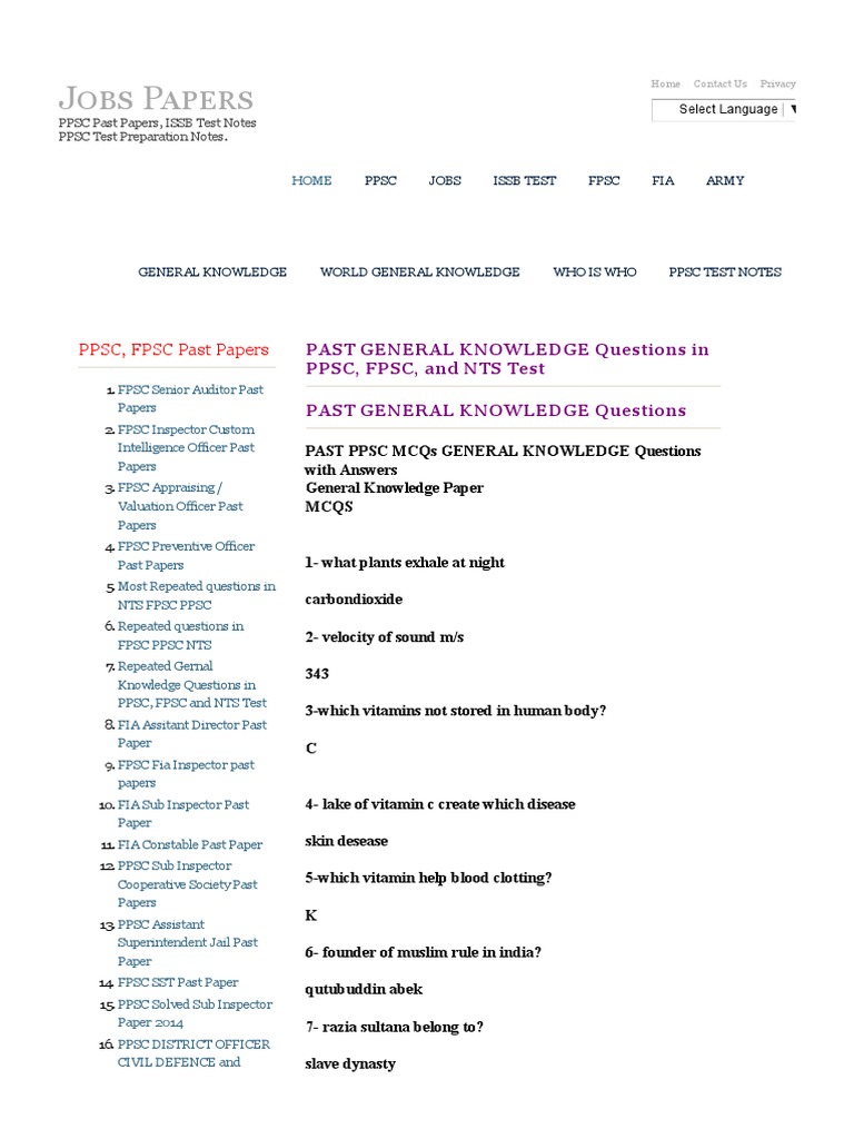 PPSC GENERAL KNOWLEDGE Questions PDF | Download Free PDF | Pakistan ...