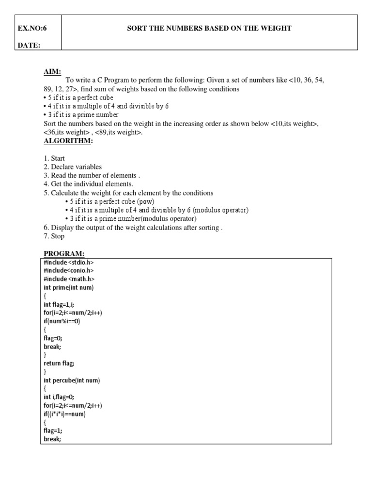 EX - NO:6 Date: Sort The Numbers Based On The Weight | Download Free PDF | Body Mass Index ...