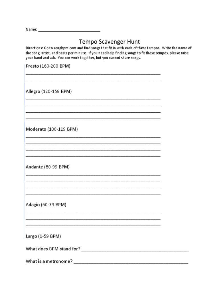 BPM:Tempo Worksheet PDF | PDF | Tempo | Notation