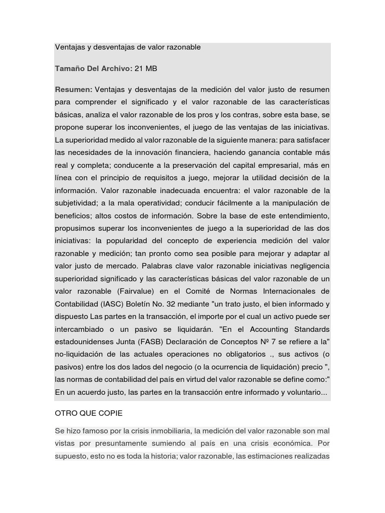 Ventajas y Desventajas de Valor Razonable | PDF | Contabilidad ...