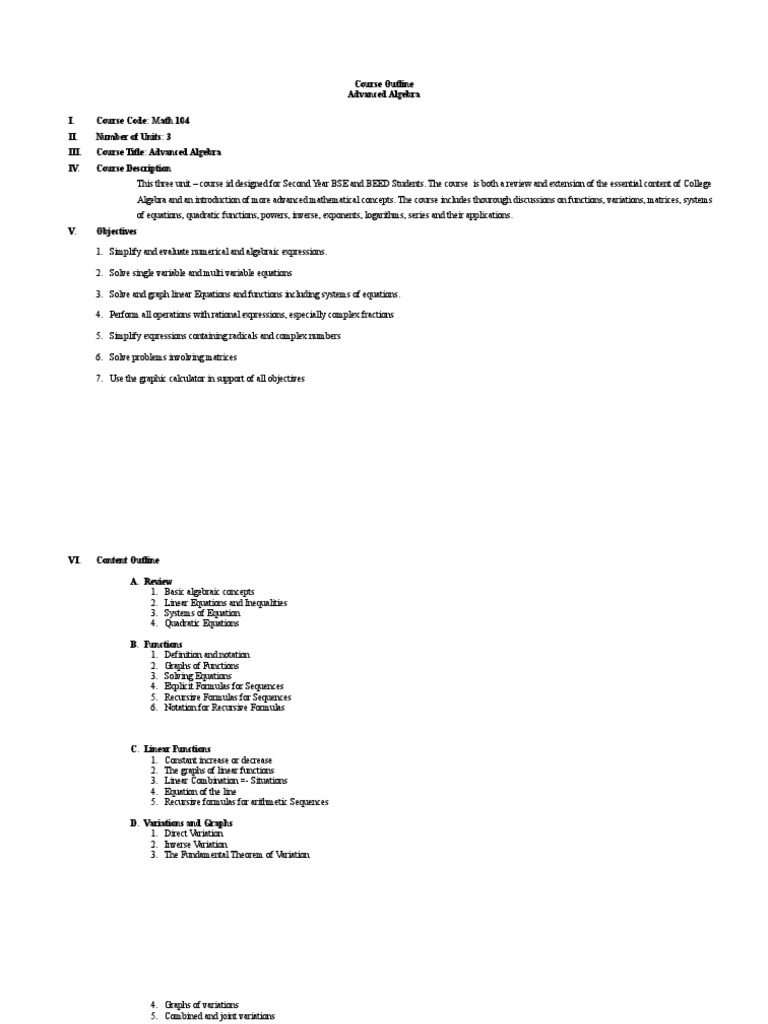 Algebra COURSE OUTLINE | PDF | Matrix (Mathematics) | Exponentiation