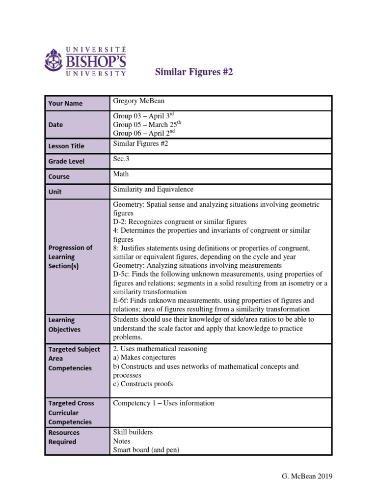 Similar Figures #2: Your Name Date Lesson Title Grade Level Course Unit ...