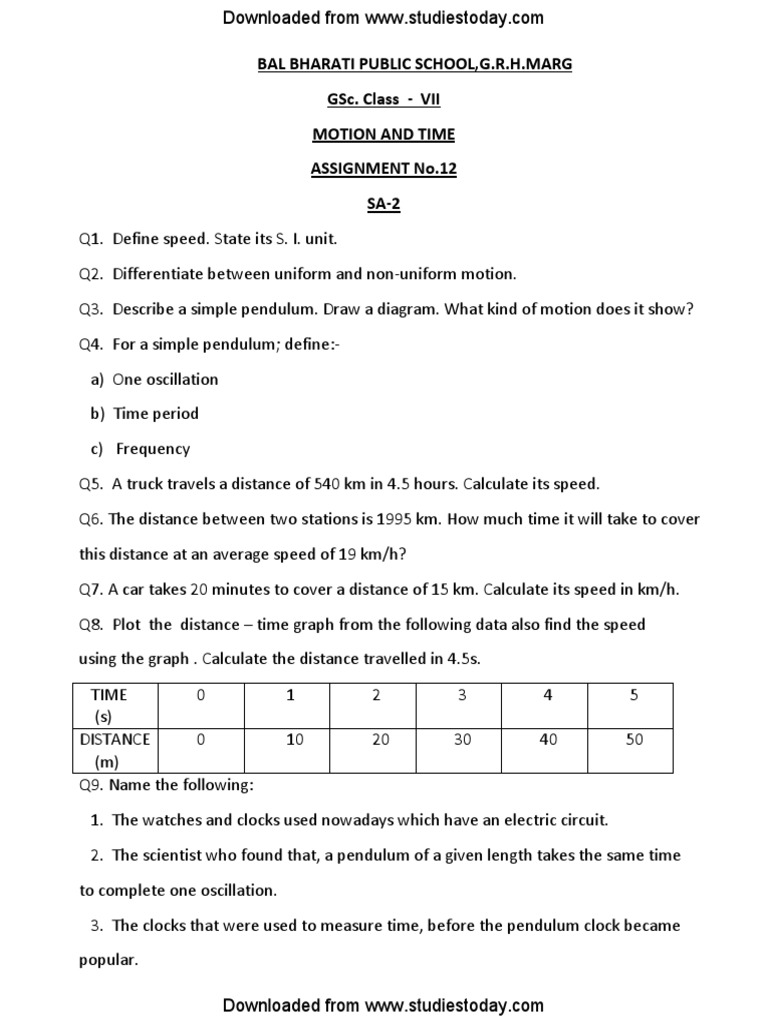 Motion and Time Worksheet for Class 7 | PDF | Speed | Pendulum