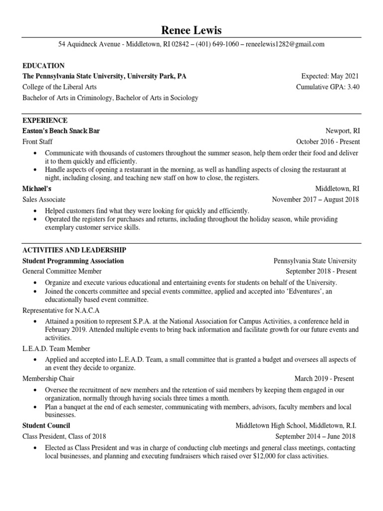 Lewis Resume Final | PDF | Pennsylvania State University | Academia