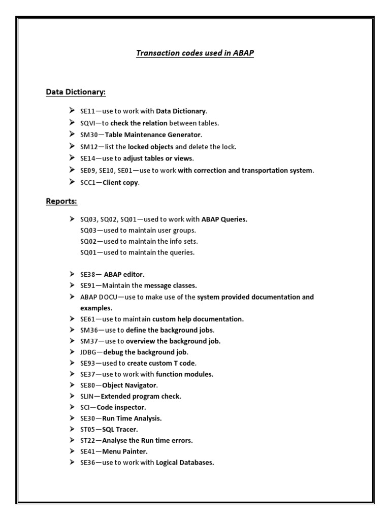 Abap Transaction Codes | PDF | Databases | Computer Data Abap Transaction Codes | PDF | Databases | Computer Data