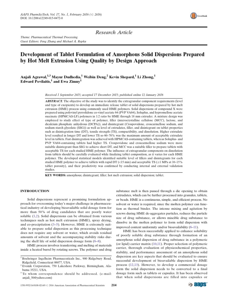 Development Of Tablet Formulation Of Amorphous Solid Dispersions