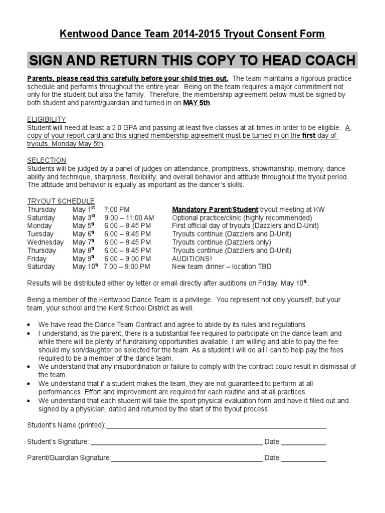 Tryout Consent Form - 2014 - Sign and Return | PDF | Health Care