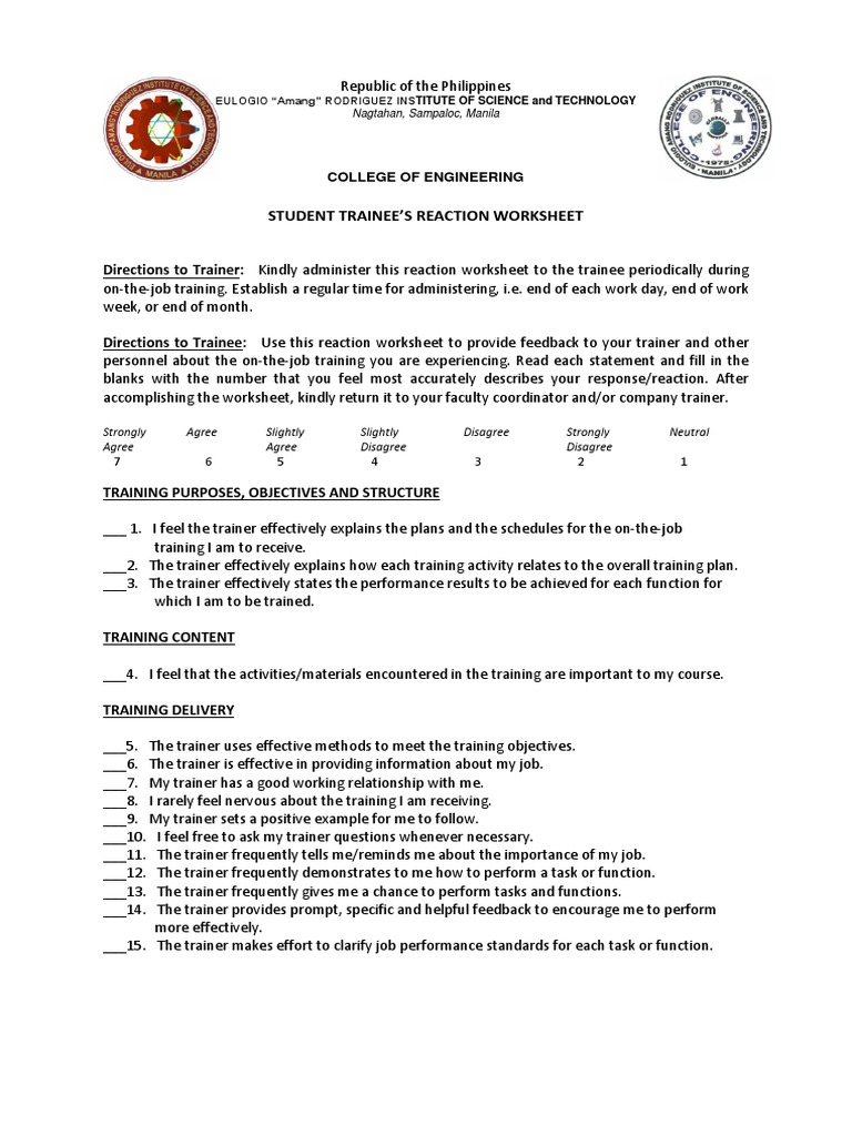 Student Trainee'S Reaction Worksheet: College of Engineering | PDF | Employment | Behavior ...