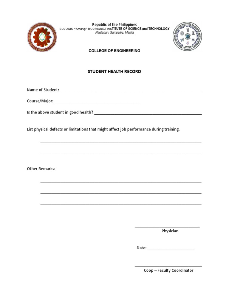 Student Health Record: Republic of The Philippines | PDF | Business ...
