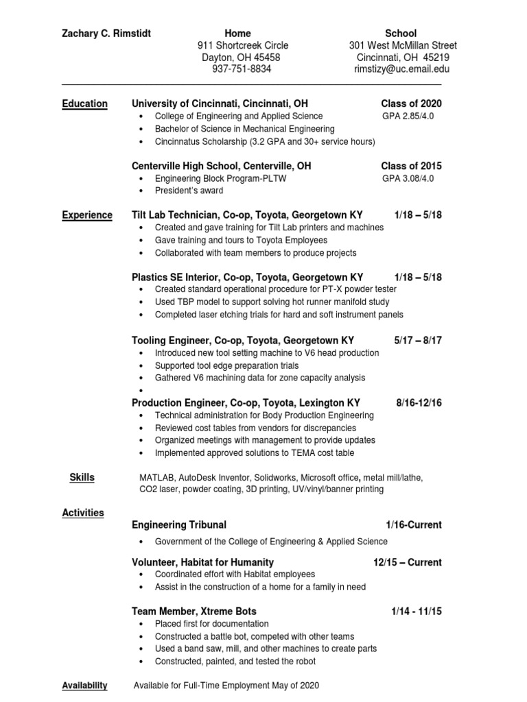 Zachary Rimstidt's Mechanical Engineering Resume | PDF | Engineering