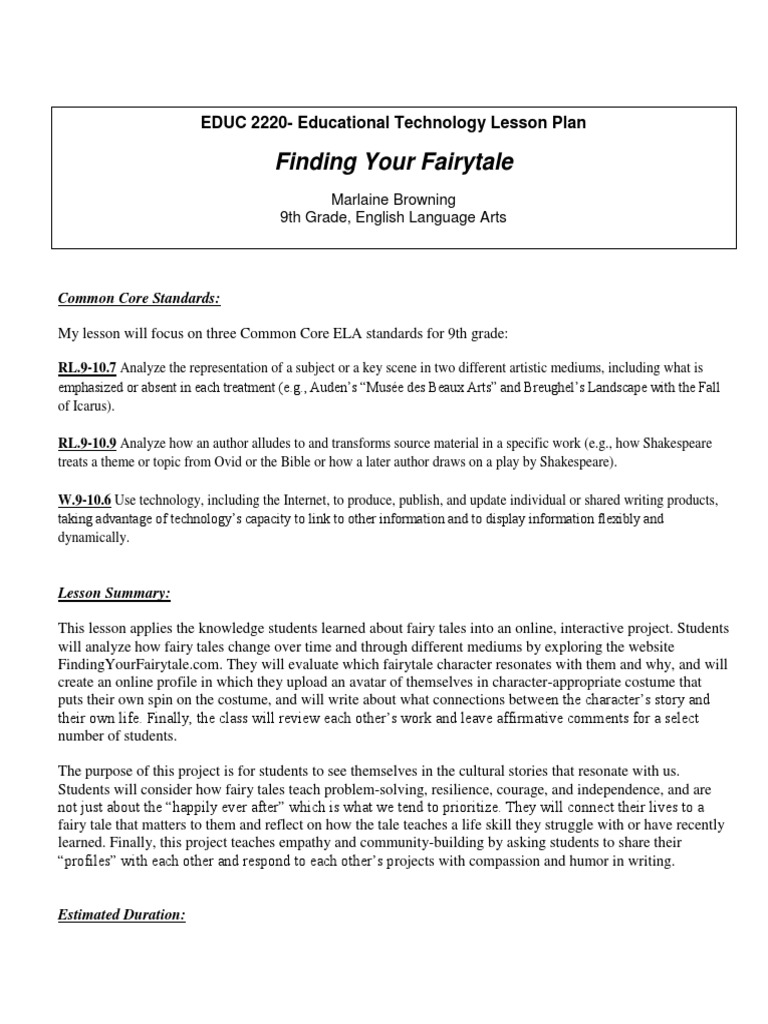 Finding Your Fairytale: EDUC 2220-Educational Technology Lesson Plan | PDF | Educational ...
