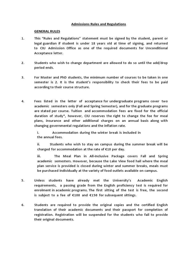 Admissions Rules and Regulations General Rules | PDF | Fee | Dormitory