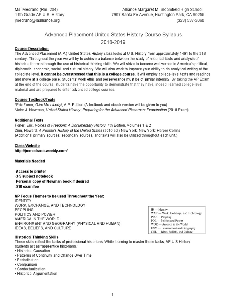 AP U.S. History Course Syllabus 2018-2019 | PDF | Advanced Placement ...