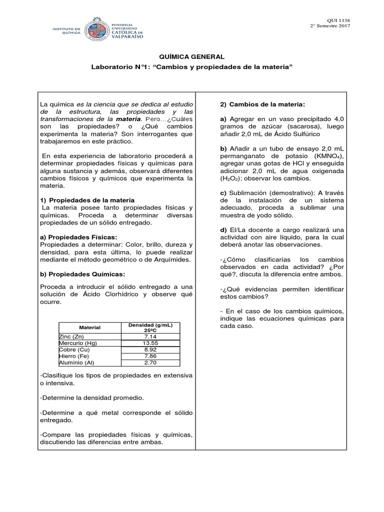Guía de Laboratorio N°1 Propiedades y Cambios de La Materia | PDF ...