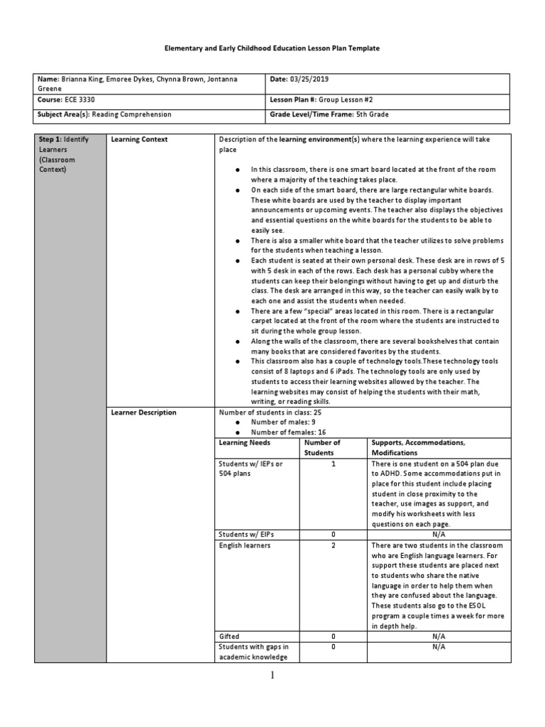 Group Comprehension Lesson Plan Ece 3330 | PDF | Educational Assessment ...