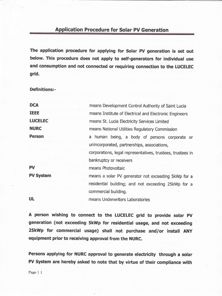 LUCELEC, Application Procedure For Solar PV Generation, November 2016 ...
