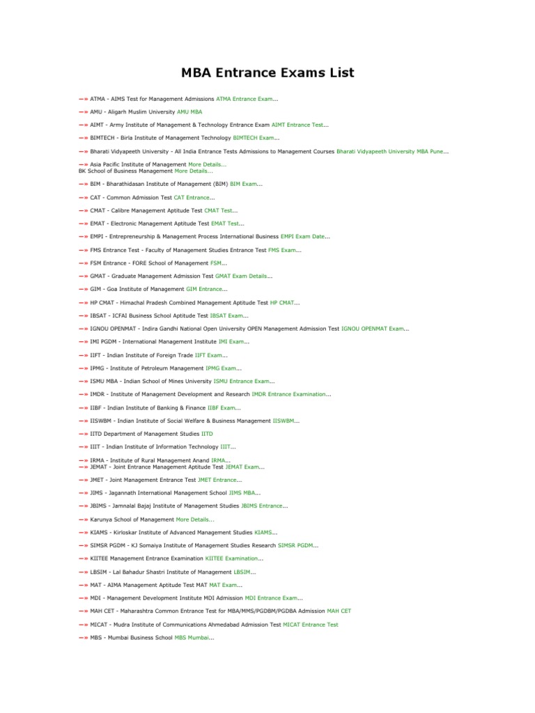 Comprehensive MBA Entrance Exams List | PDF | Master Of Business ...