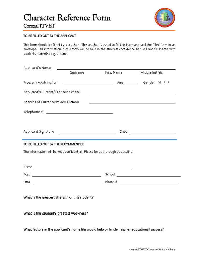 Character Reference Form: Corozal ITVET | PDF