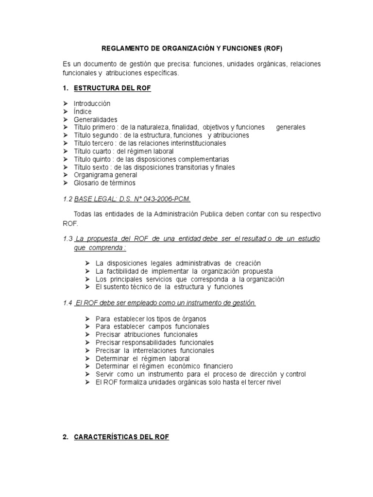 Reglamento de Organización Y Funciones (Rof) : 1.2 BASE LEGAL: D.S. #043-2006-PCM | PDF | Gobierno