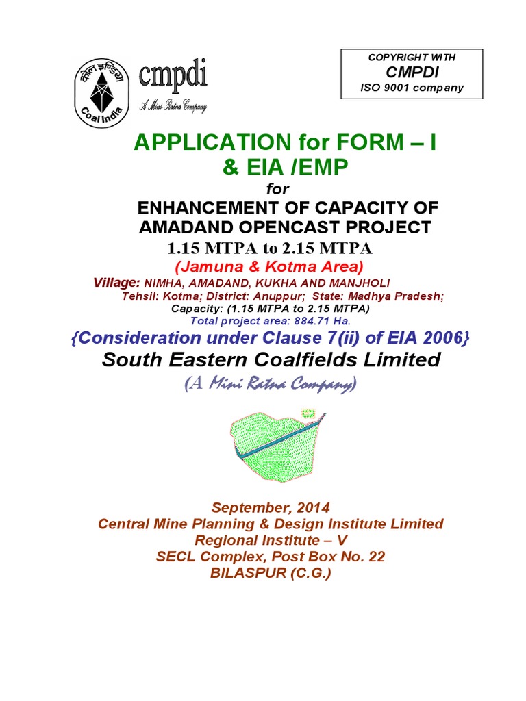 Application For Form - I & Eia /emp: South Eastern Coalfields Limited | PDF | Coal | Coal Mining