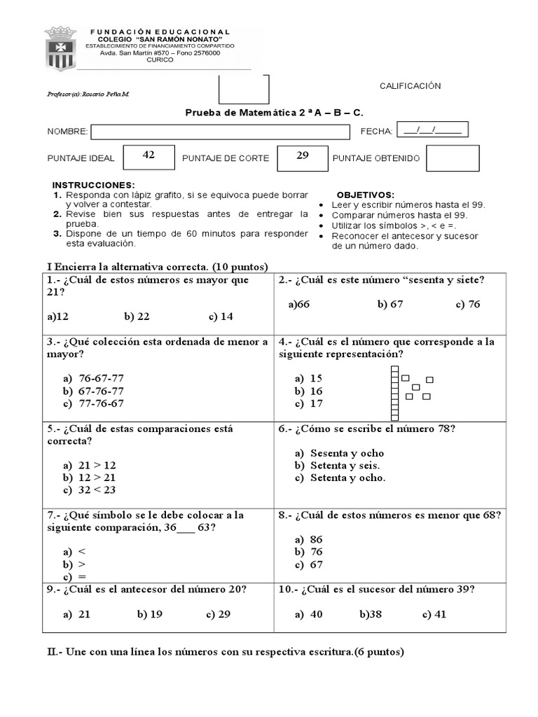 Evaluación de Números hasta el 99 | PDF | Violencia | Agitación