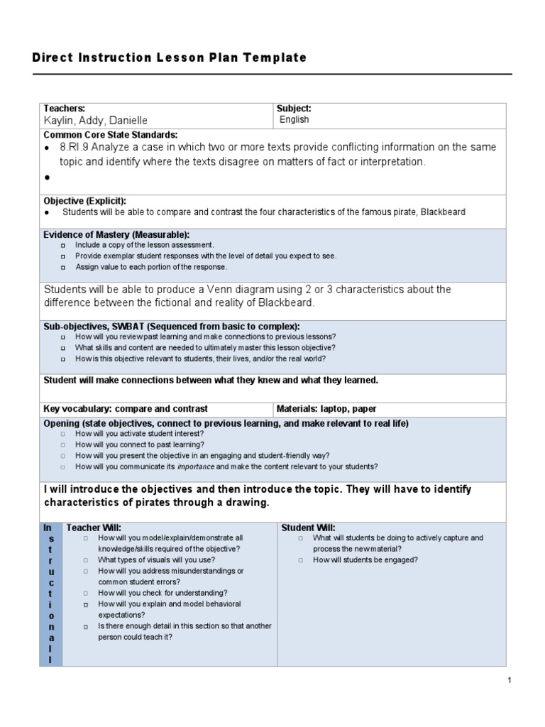 Direct Instruction Lesson Template 2017 1 2 | PDF | Educational ...