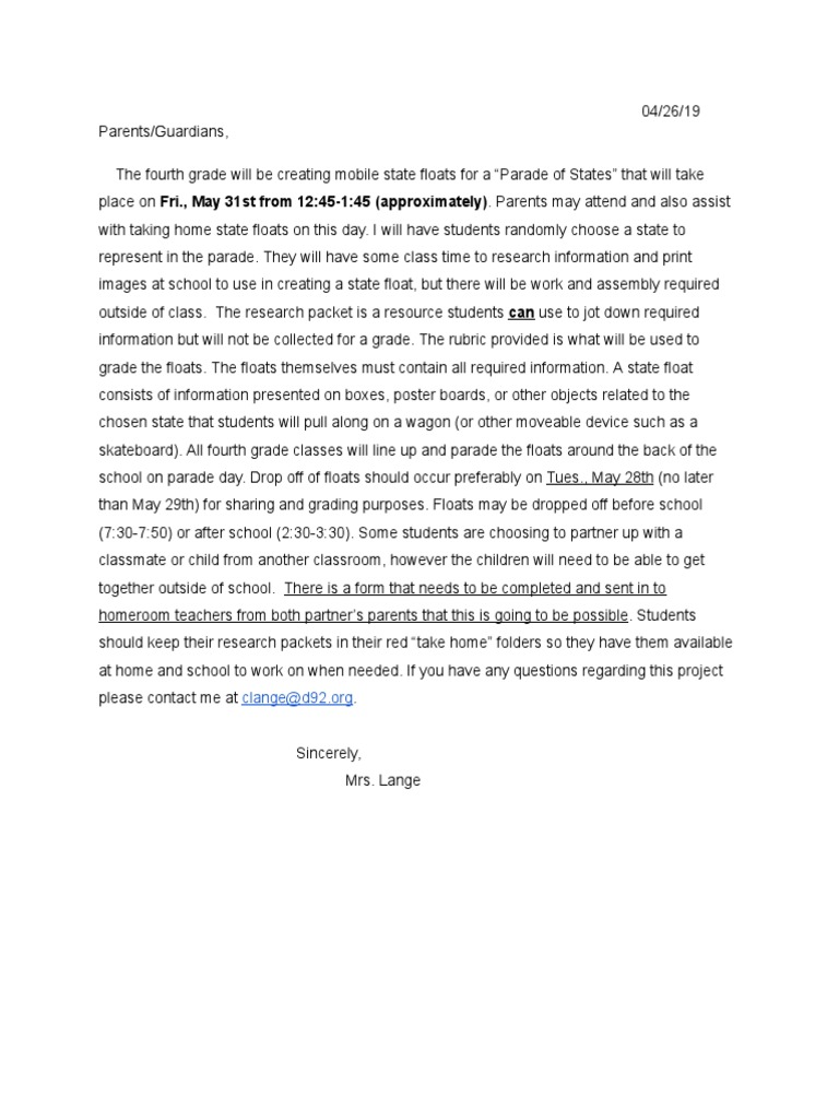 Parade of States Parent Letter | PDF | Behavior Modification | Learning