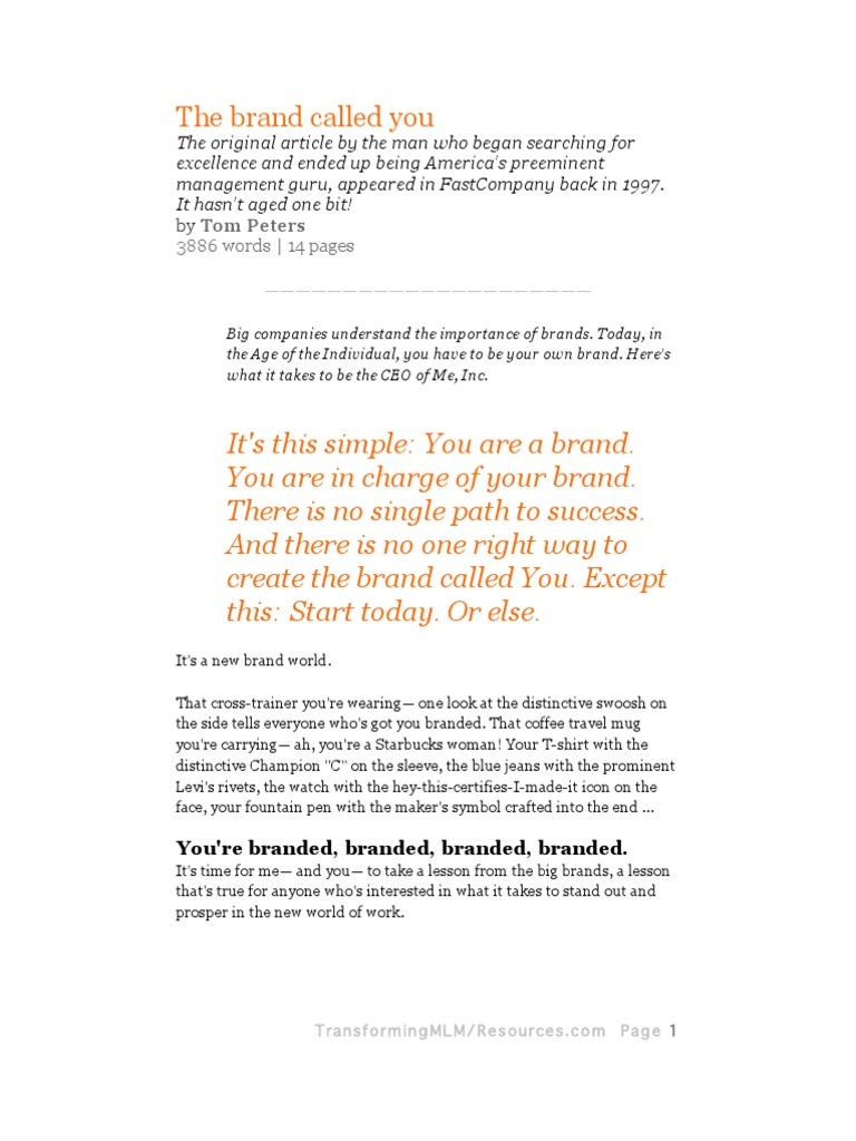 The Brand Called You@FastCompany by Tom Peters 1997 | PDF | Brand ...